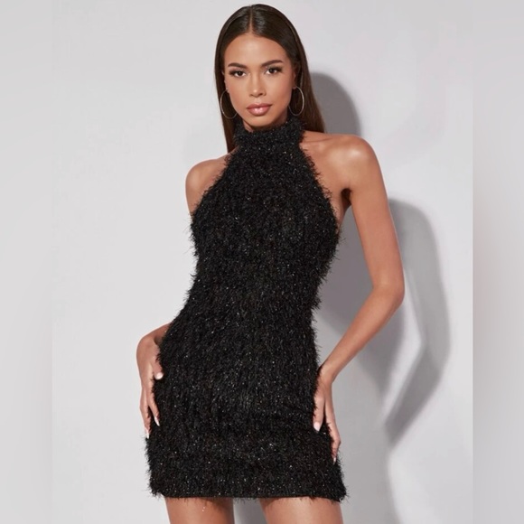 Dresses | Fuzzy Halter Mini Dress Backless | Poshmark